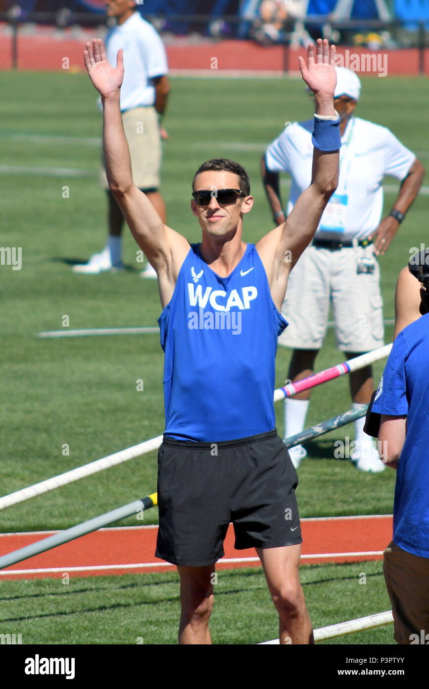 U.S. Air Force 1st Lt. Cale Simmons is introduced before the men's pole vault preliminaries on ...