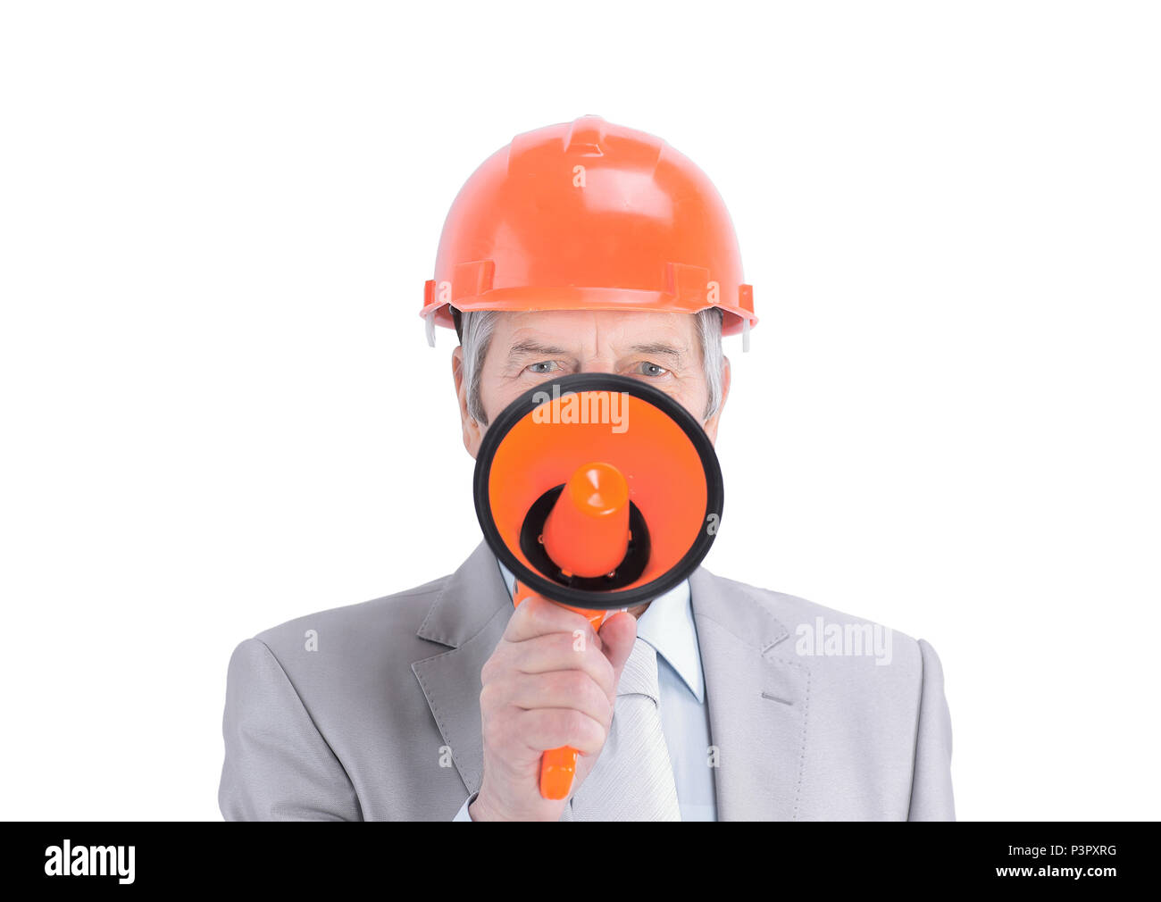closeup.senior engineer with a megaphone.isolated on white Stock Photo ...