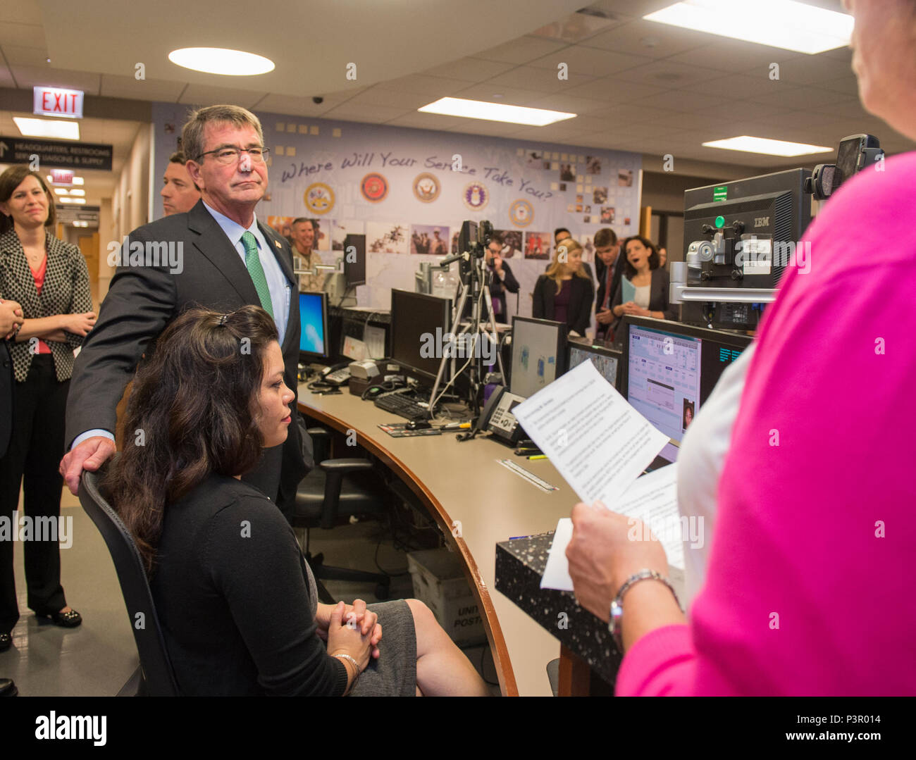 Secretary of Defense Ash Carter meets with workers during a visit to ...