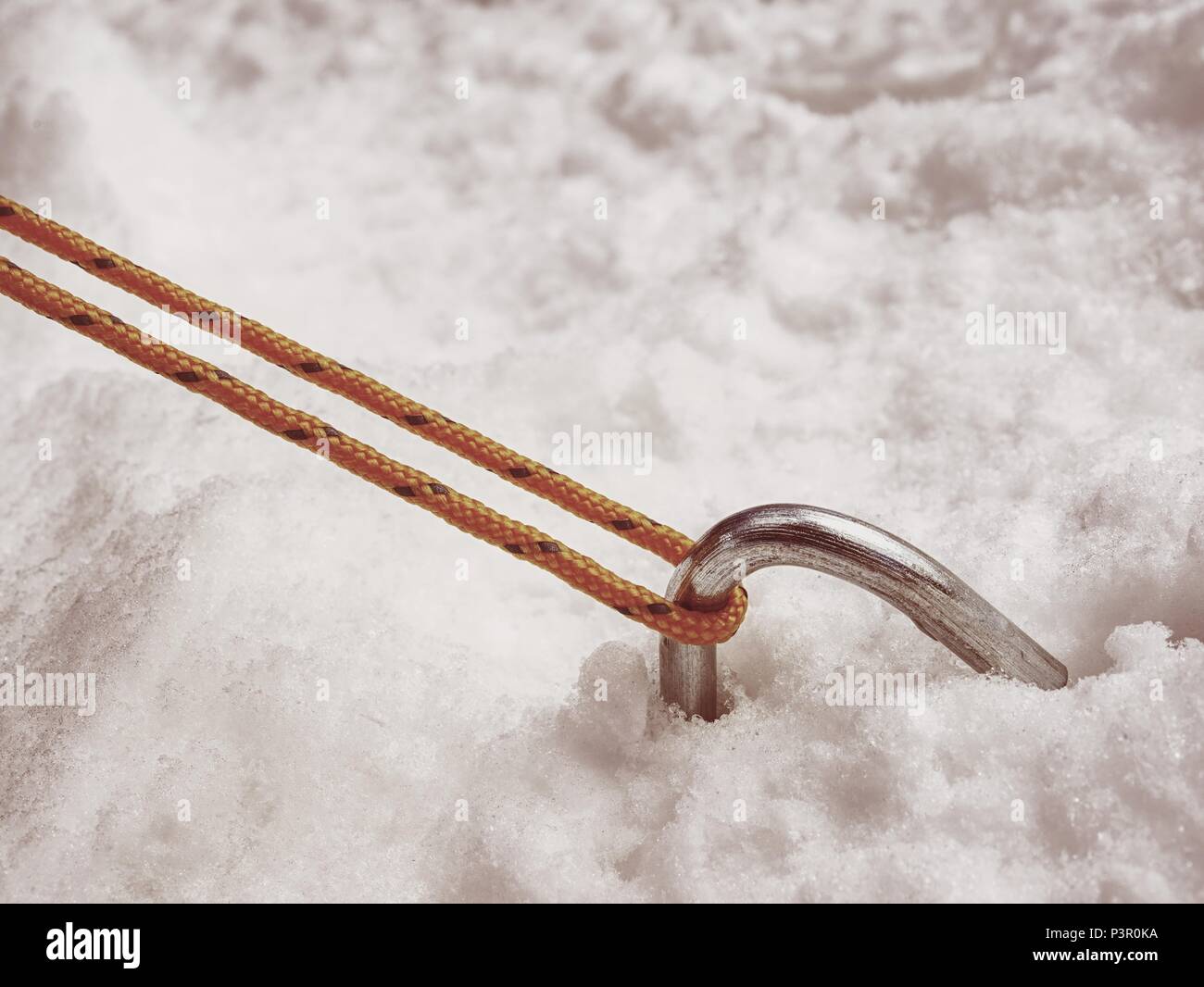 Chrome steel hook anchor camping tent in snow. Process of installing ...