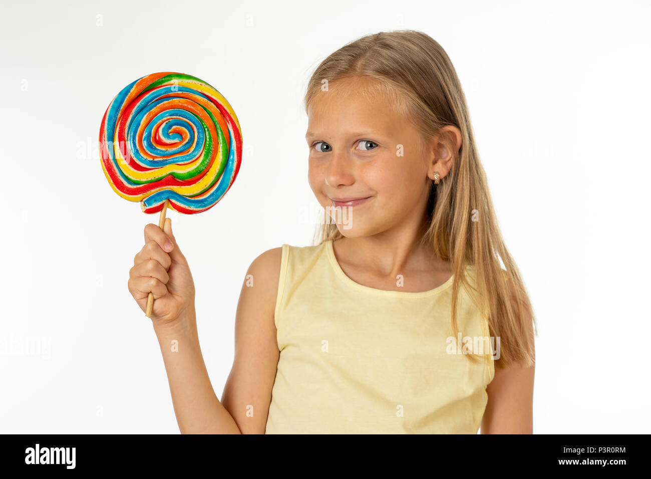 cute happy child with candy lollipop, happy girl eating big sugar ...