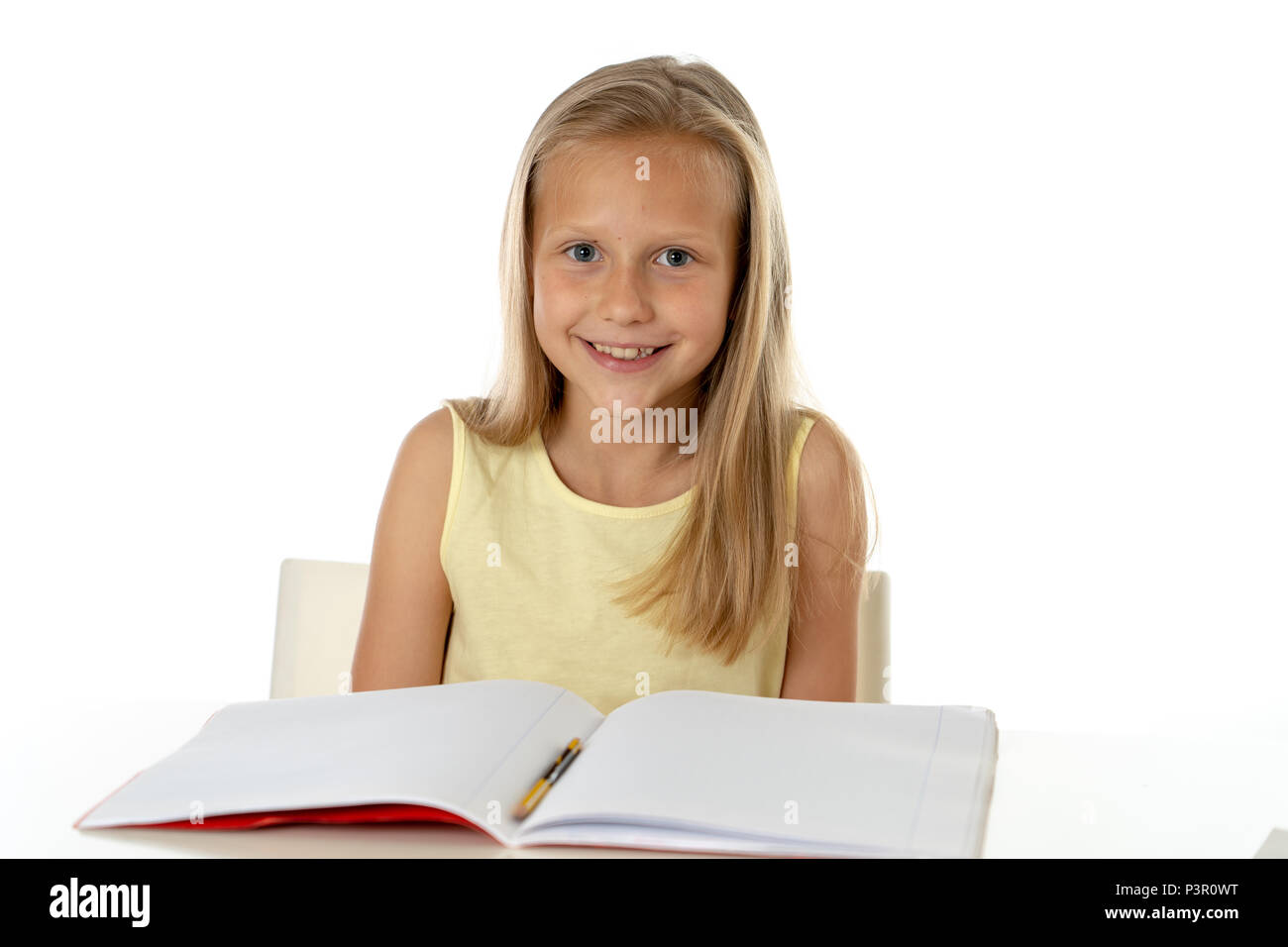 Education at home concept cute young little blonde caucasian girl studying or completing home ...
