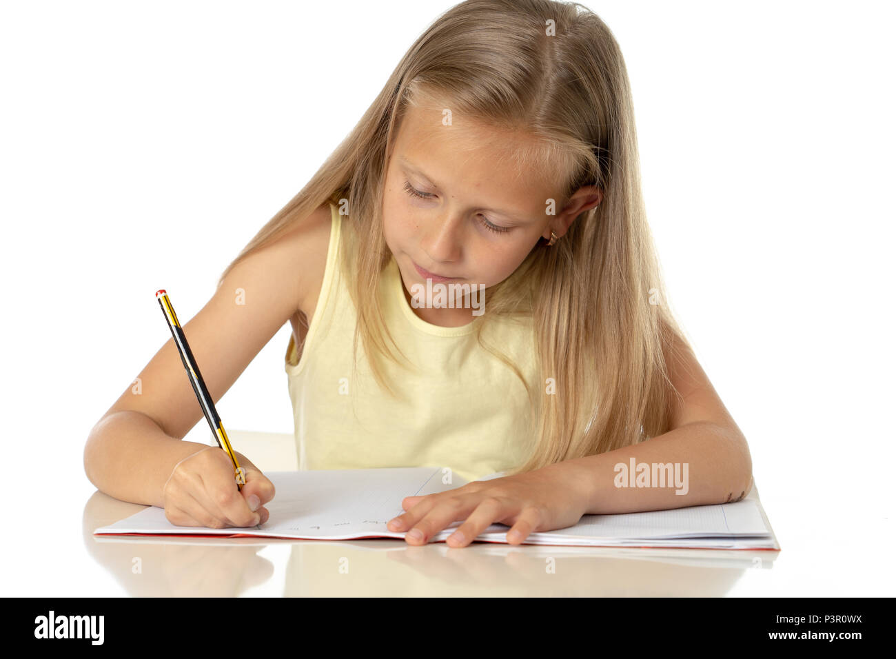 Education at home concept cute young little blonde caucasian girl studying or completing home ...