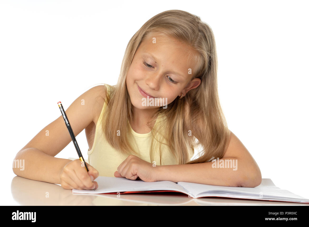 Education at home concept cute young little blonde caucasian girl studying or completing home ...