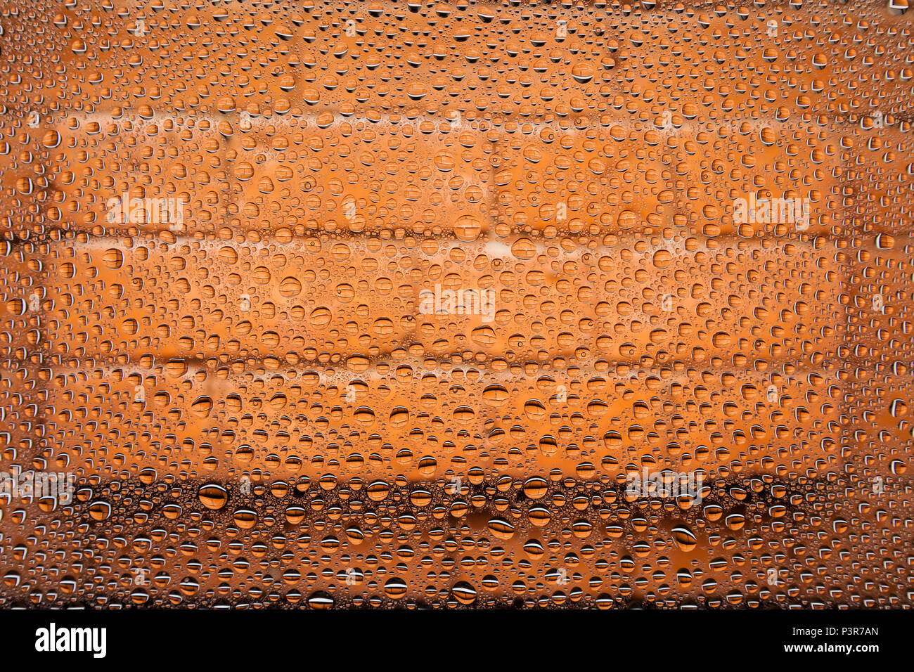 Close up of a water drops on a red old brick background, covered with ...