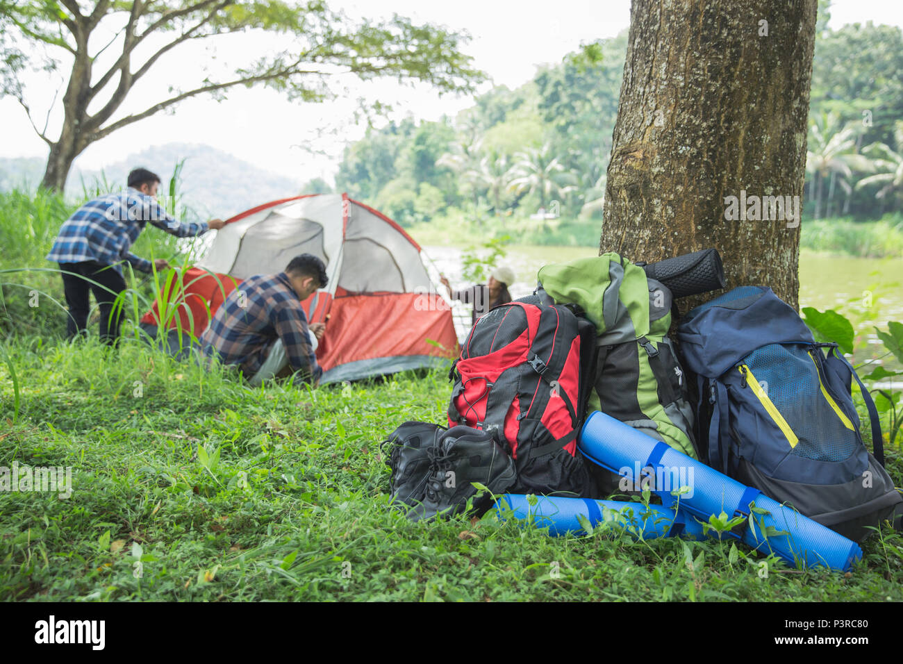 tourist help each other prepare tent Stock Photo - Alamy
