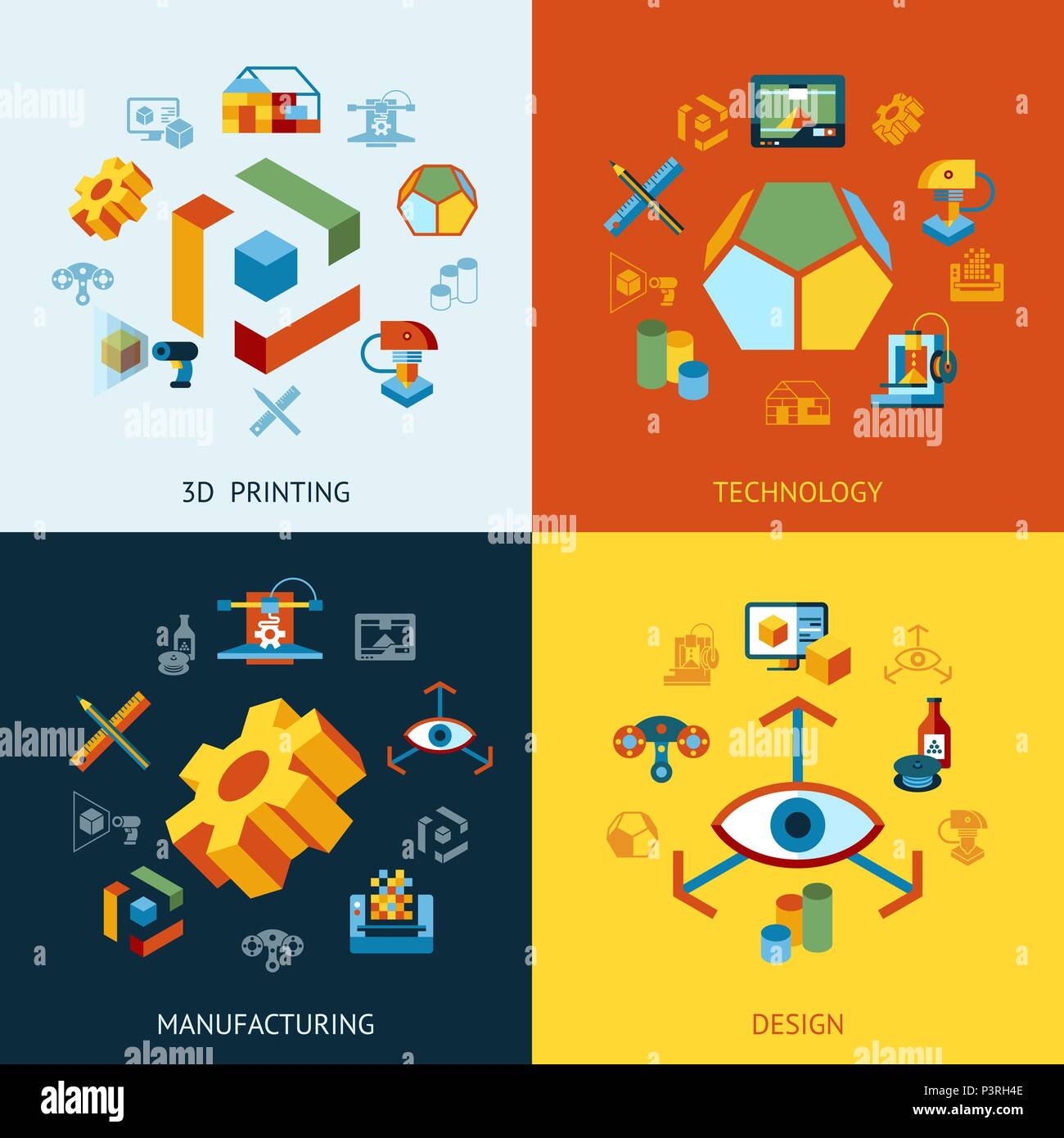 Digital vector 3d printing manufacturing technology icon set ...