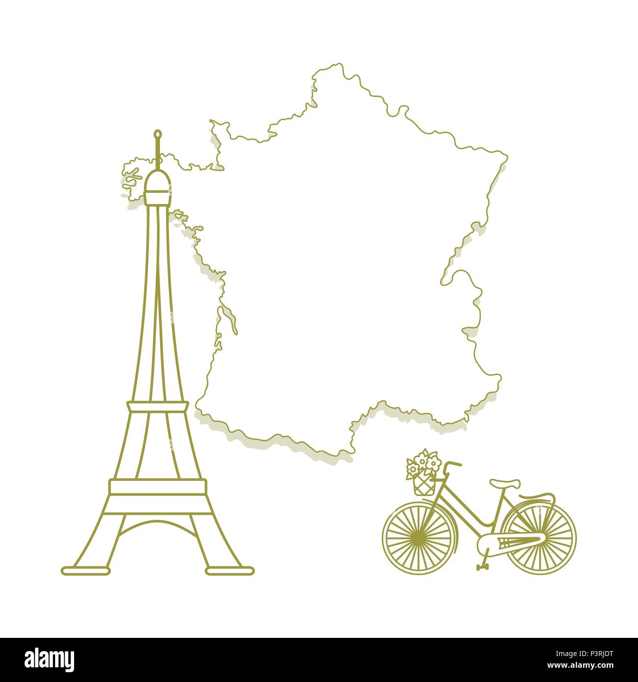 Map of France, famous tower of Paris, bicycle with a basket of flowers ...