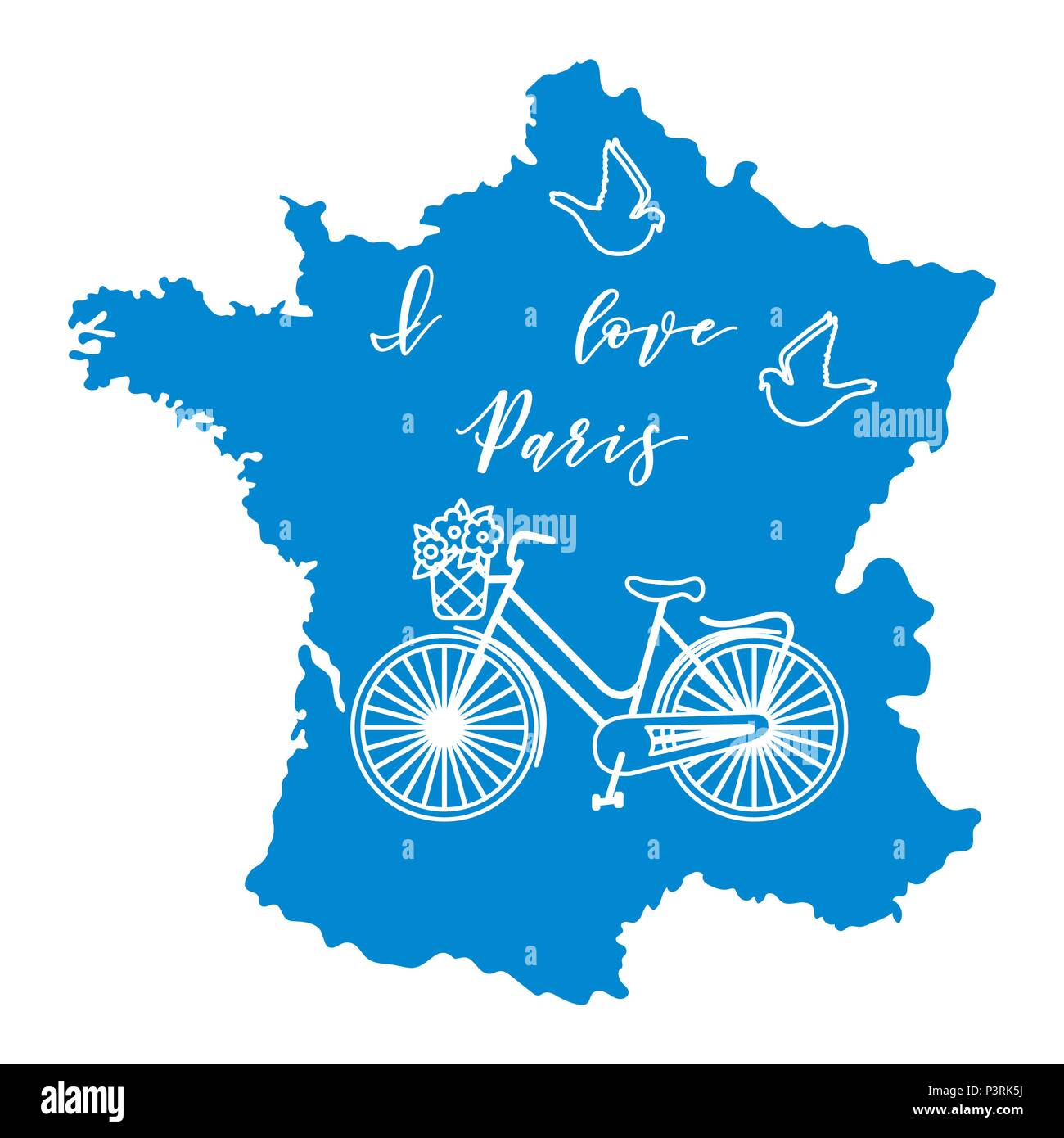 Map of France, bicycle with a basket of flowers, pigeons. Travel and ...