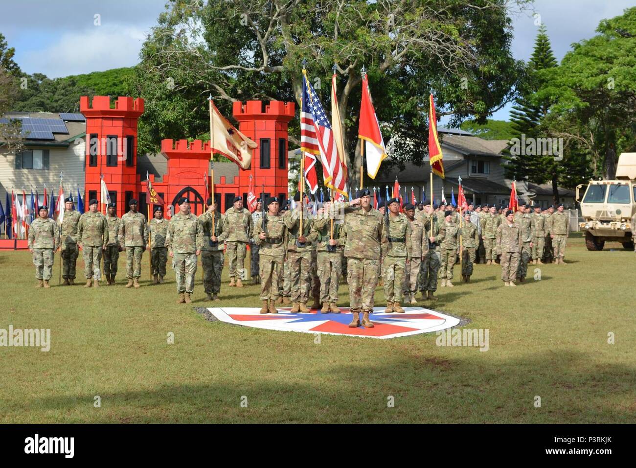 Officers and brigade colors are aligned on Hamilton Field at Schofield ...