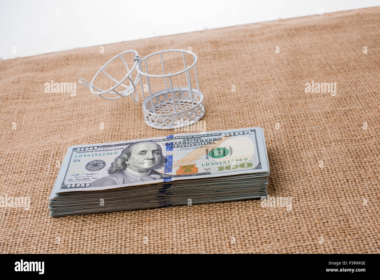 Birds cage placed on bundle of US dollar banknote Stock Photo - Alamy