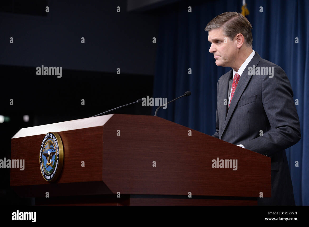Pentagon Press Secretary Peter Cook briefs the media in the Pentagon ...