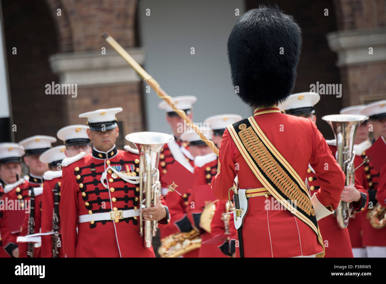 A U.S. Marine Corps Drum Major leads the Drum and Bugle Corps during a ...