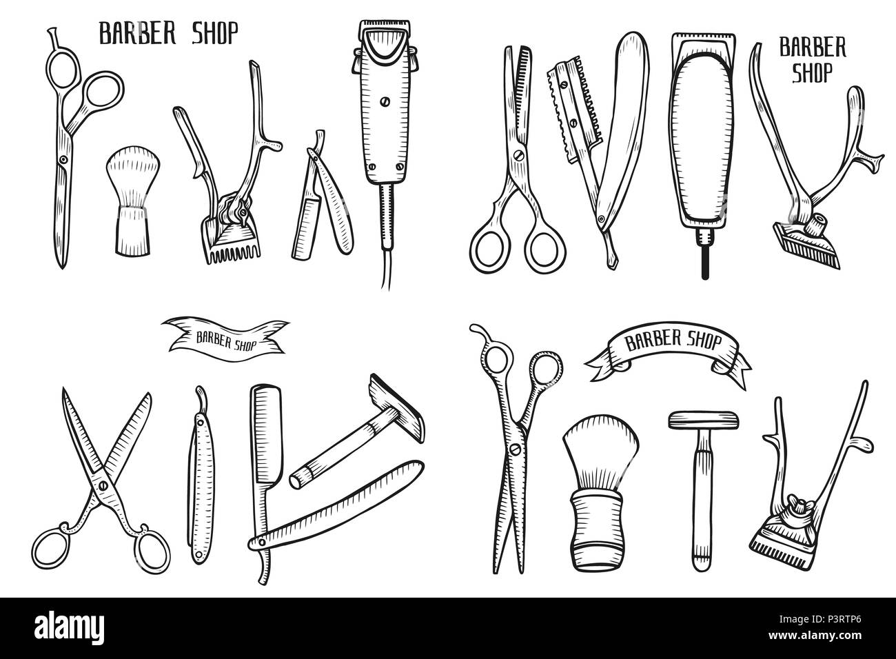 Barber shop set . Hand drawn illustration isolated on white in old ...