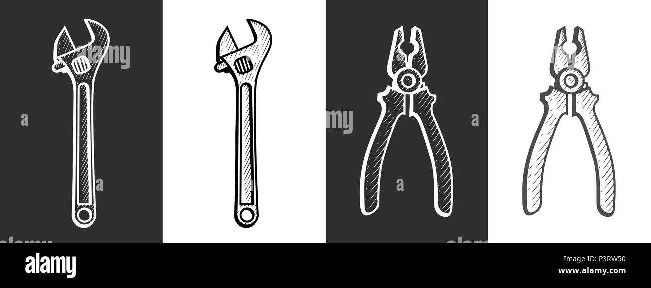 Hand drawn set of tools, pliers and adjustable wrench engraving. Doodle ...