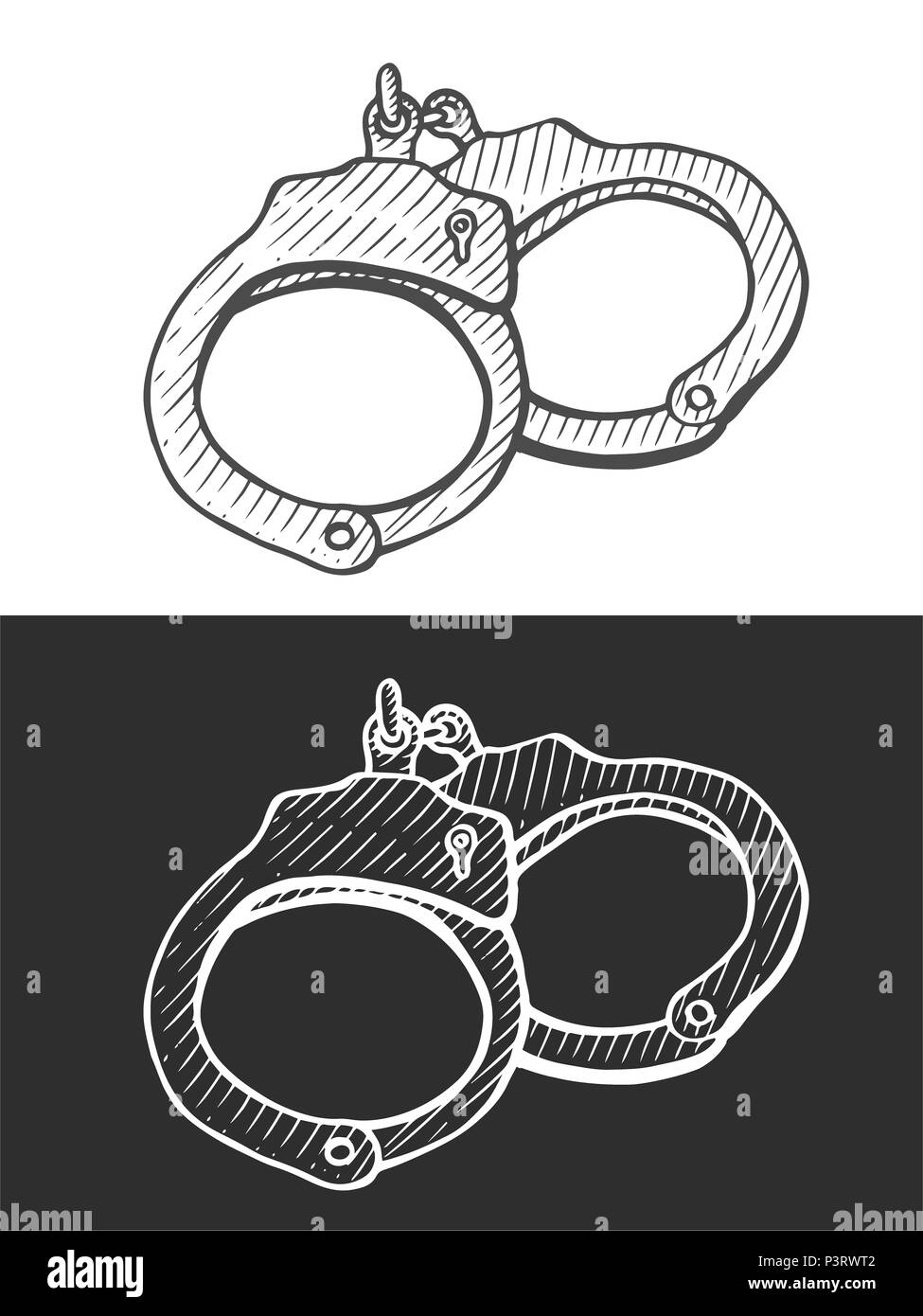 Set of Handcuffs. Hand drawn Engraving vintage black. Isolated on black ...