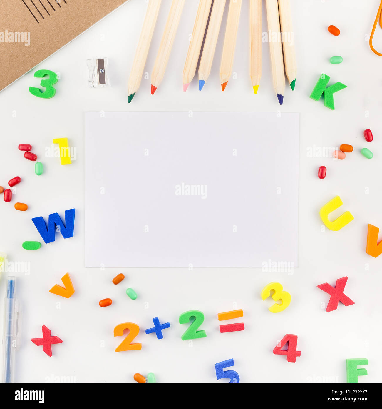 Square flat lay back to school concept with color school and office ...