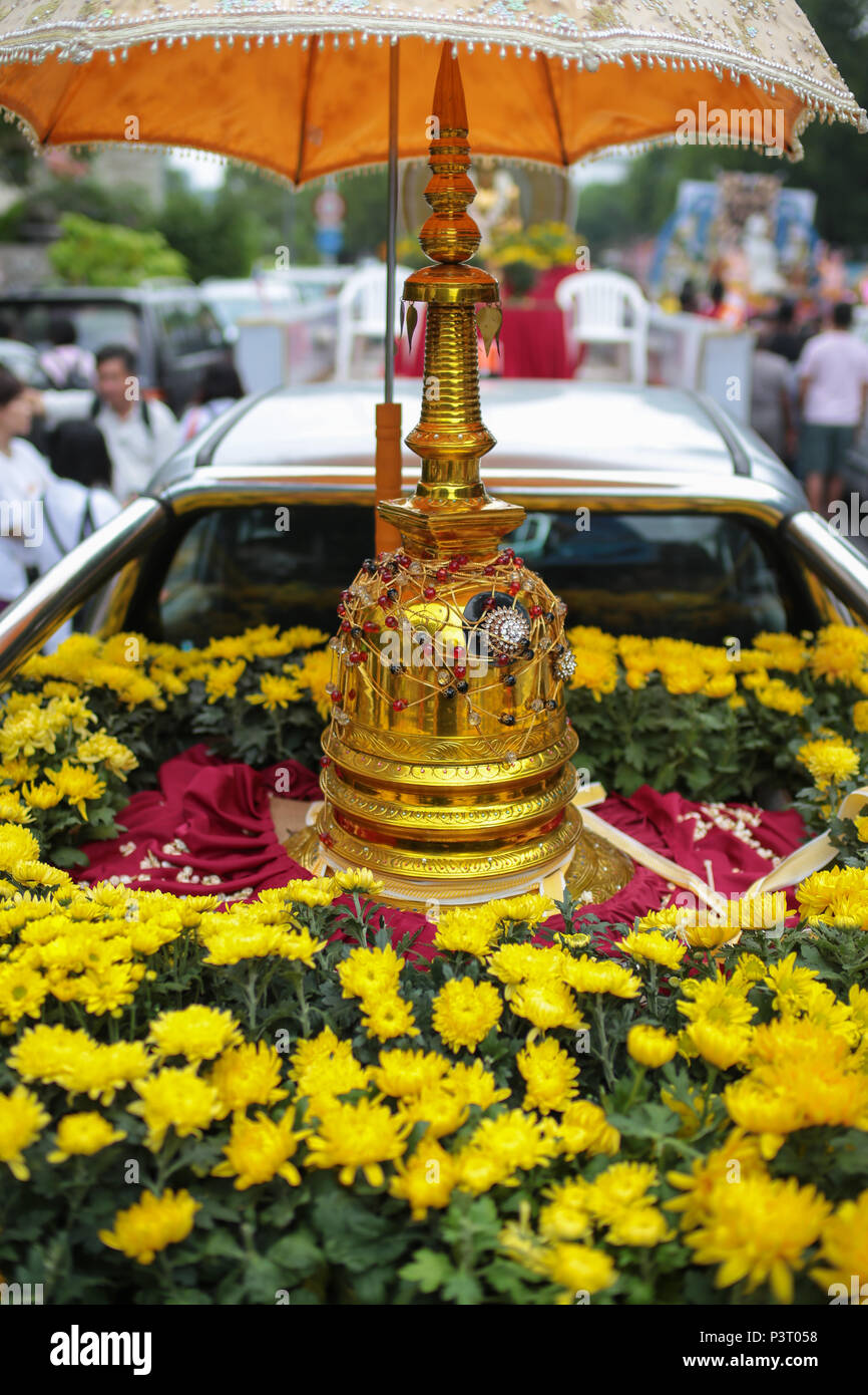 A holy buddhism statue on the wesak procession floats vehicle during ...