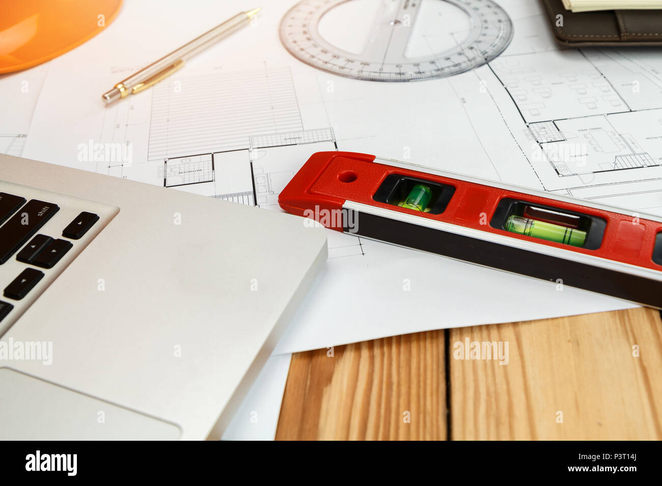 Blue print and measurement tool on architect's desk, architectural ...