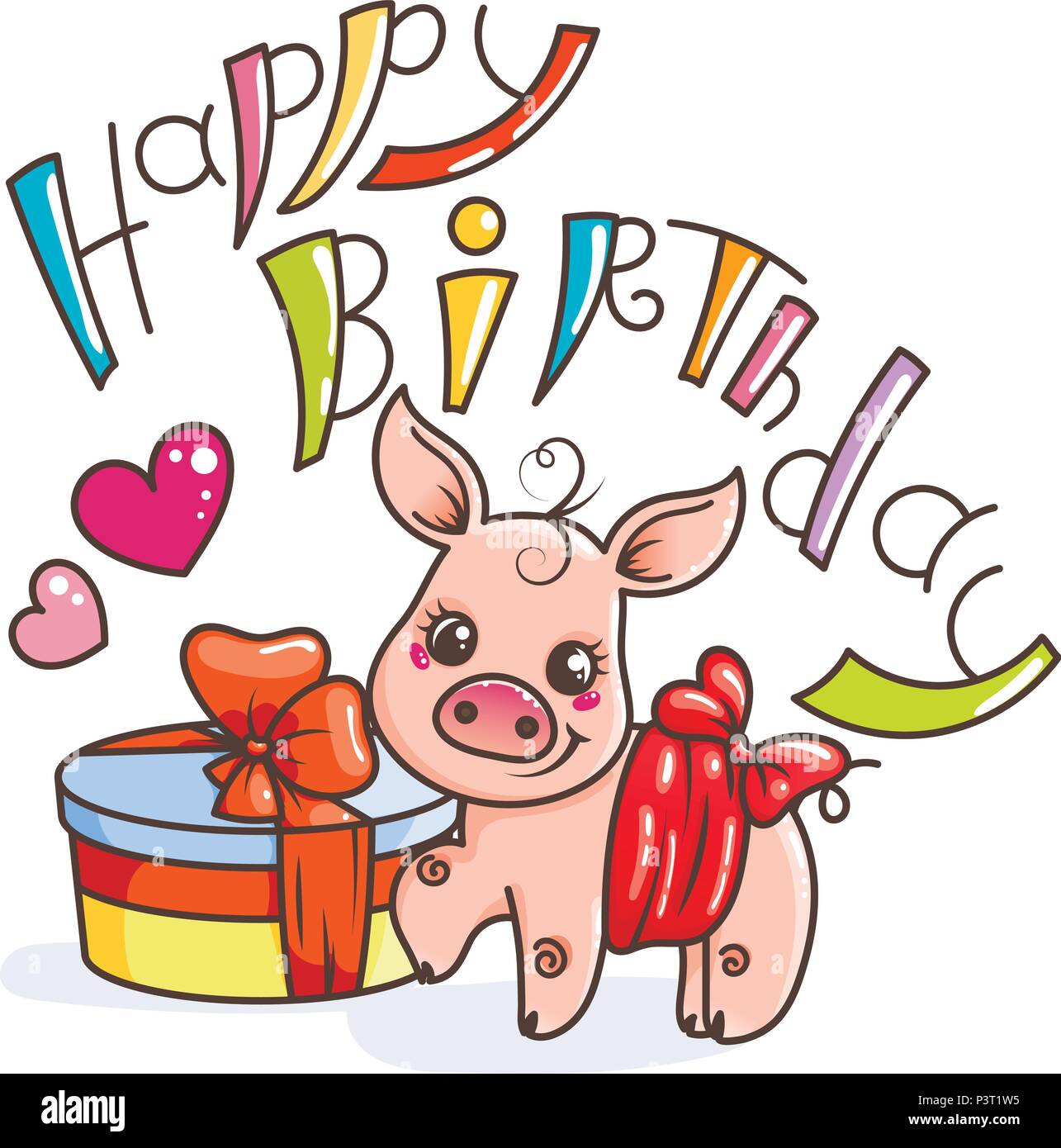 Happy birthday. Cute cartoon baby pig with holiday box. Vector ...