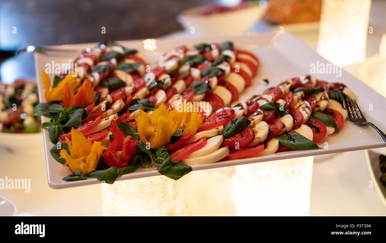 catering services background with snacks on guests table in restaurant ...