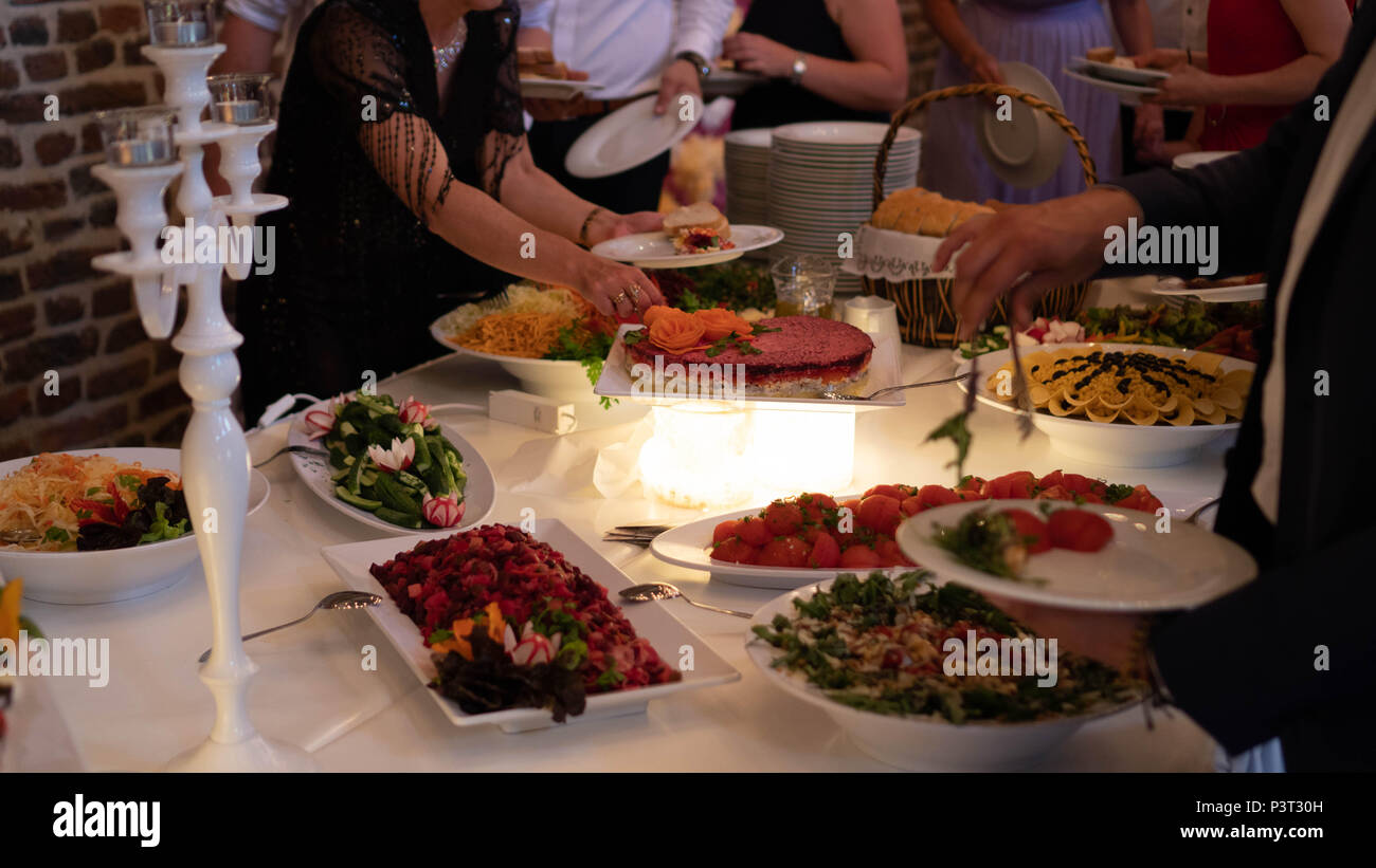 catering services background with snacks on guests table in restaurant ...
