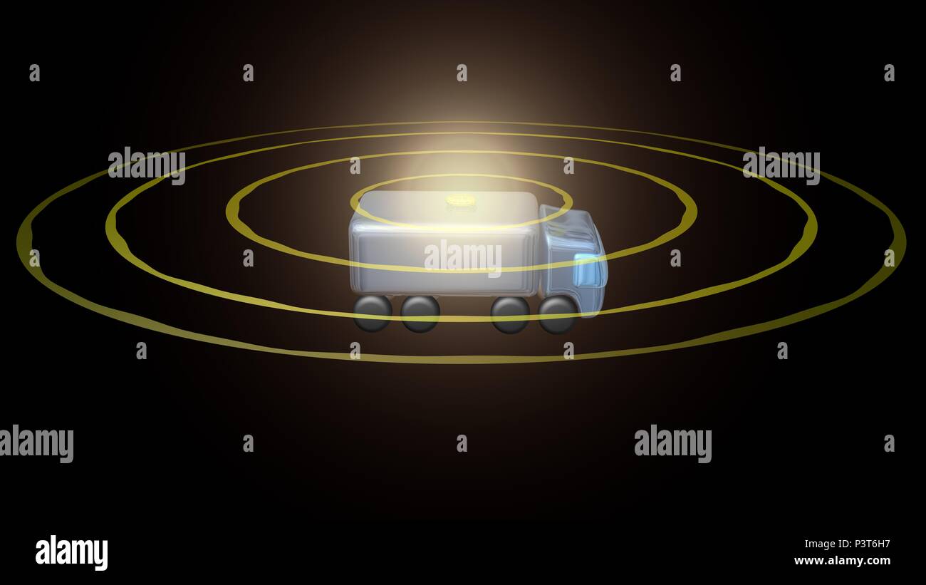 Autonomous truck with lidar scan signals.Blue cab section.Wide side ...