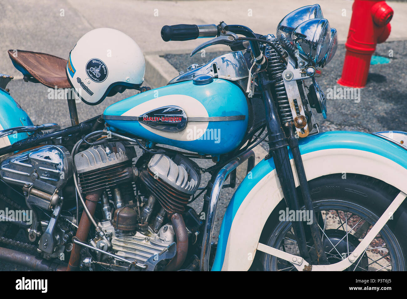 Biarritz, France-June 16,2018: Retro motorcycles are exhibited parked ...