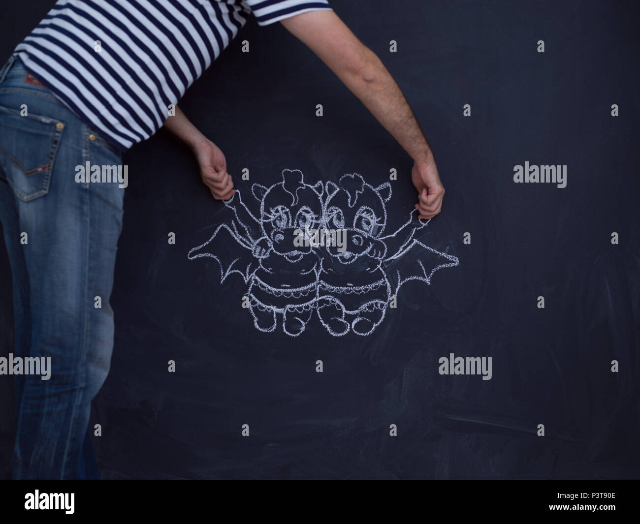 Conceptual photo of future dad drawing his imaginations about the ...