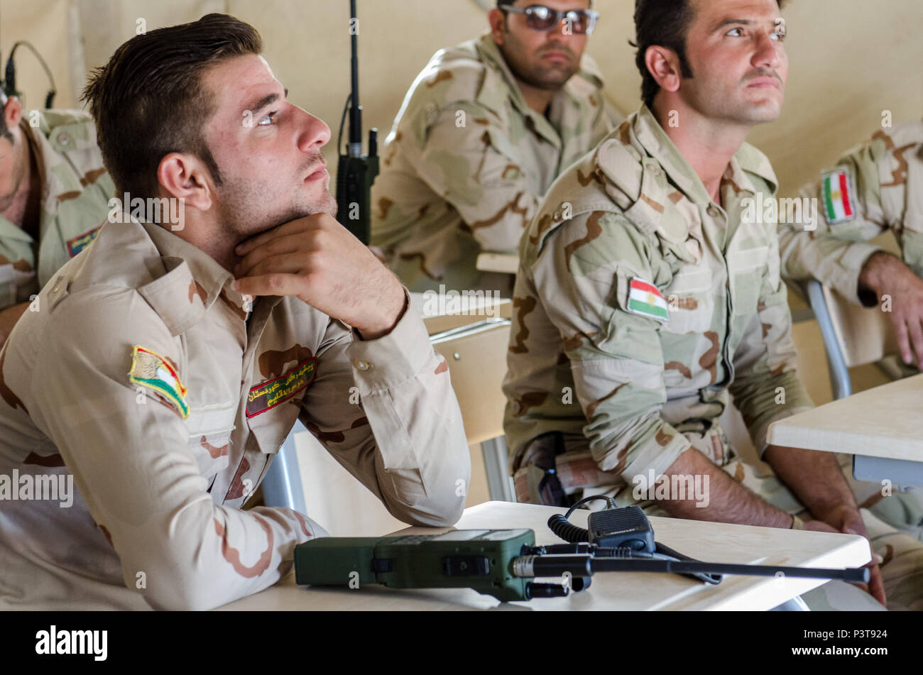 Peshmerga soldiers listen as a Dutch coalition trainer gives ...