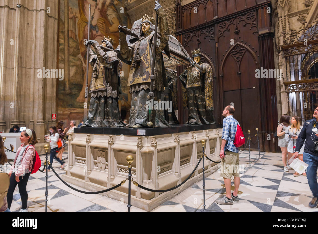Seville Christopher Columbus monument, a tourist views the tomb of ...