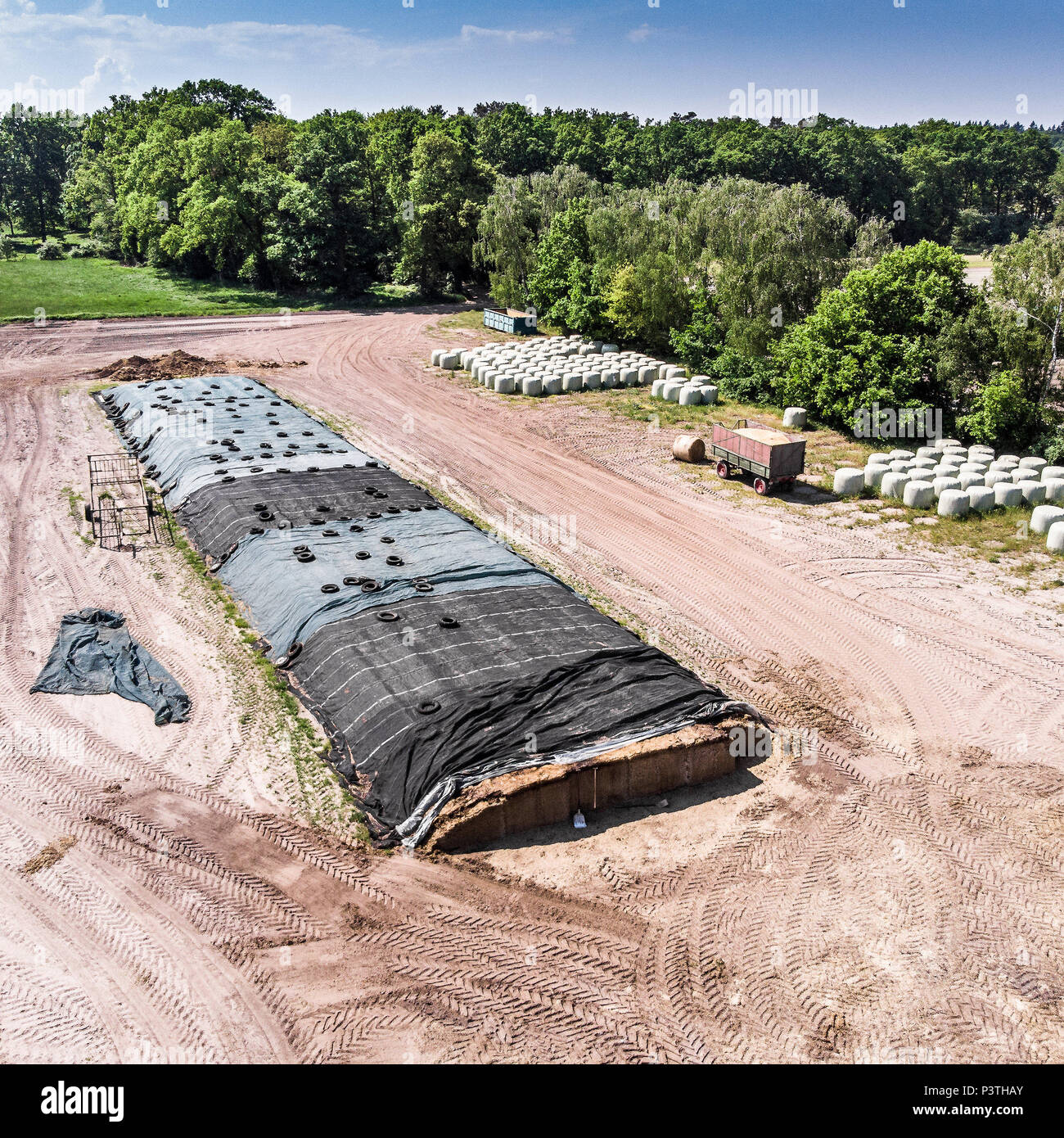 Aerial view of a farm camp, diagonal view of a large silage heap, made ...