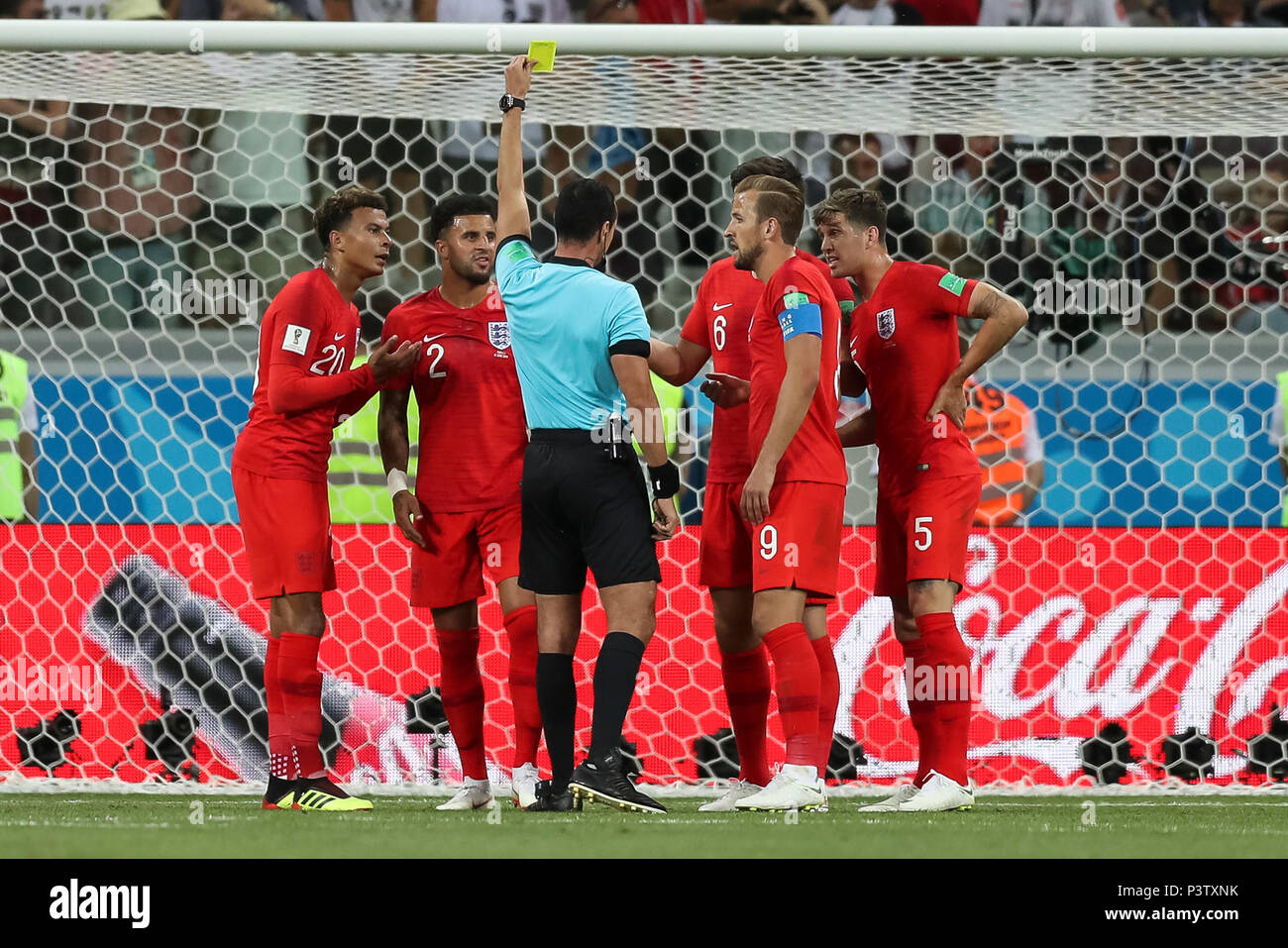 Volgograd, Russia. 18th Jun, 2018. Kyle Walker of England is shown a ...