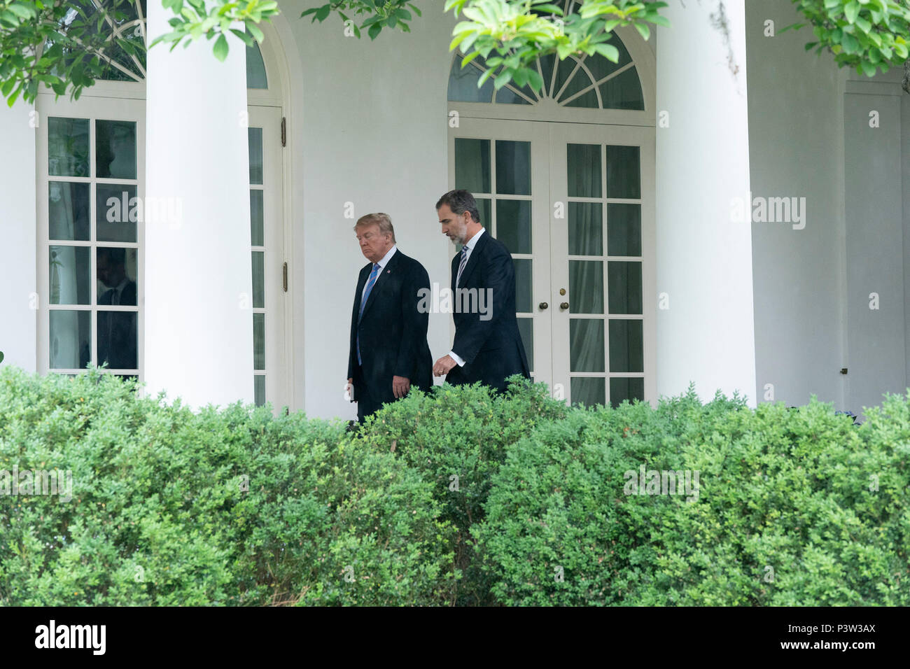 United States President Donald J. Trump walks with with King Felipe VI ...