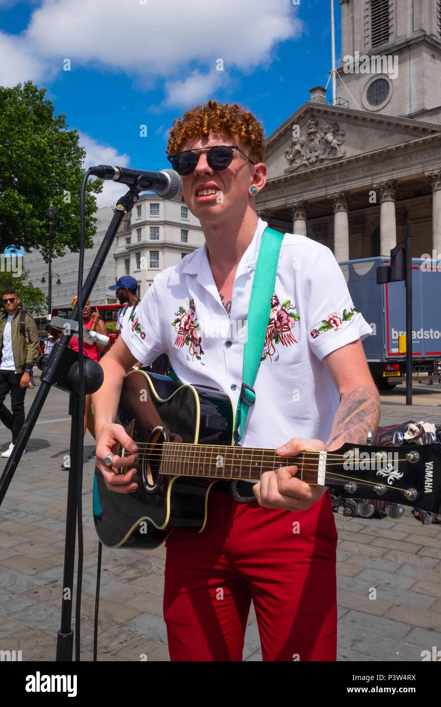 London. UK. 19th June 2018. Reuben, an Irish musician plays his music ...