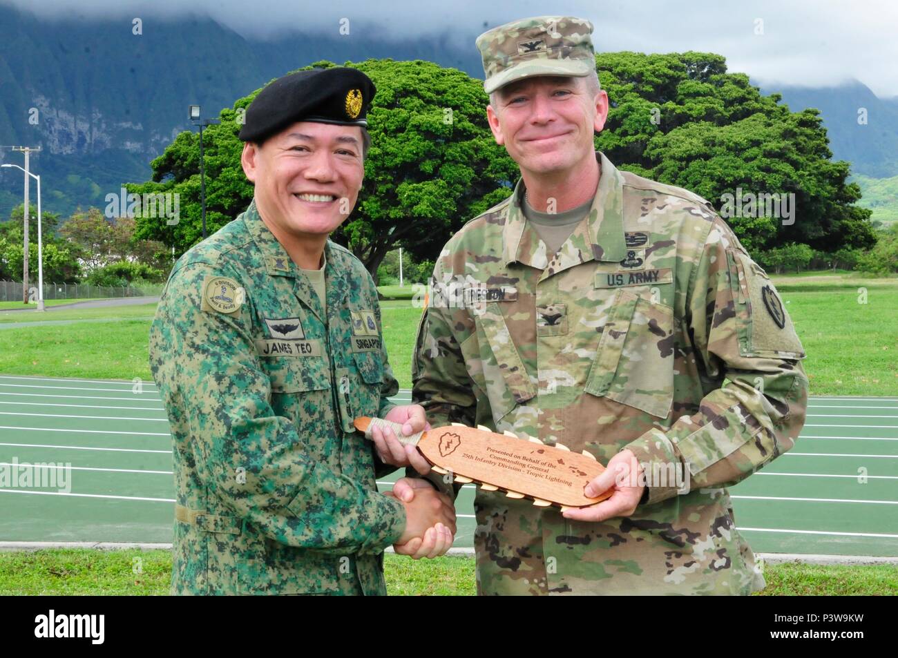 Colonel Andrew Preston, U.S. Army 25th Infantry Division, presents a ...