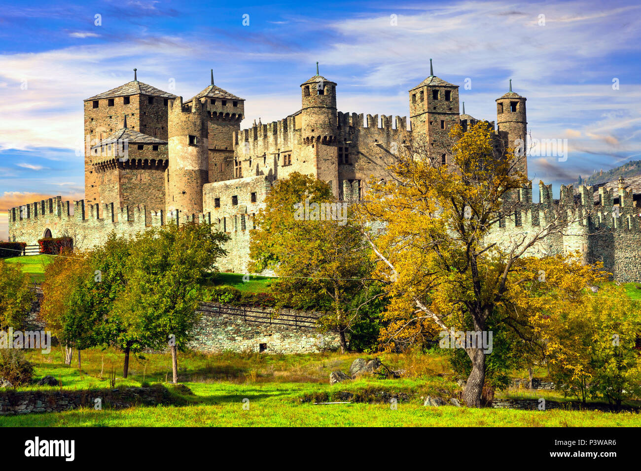 Impressive Fenis castle over sunset,Valle d’ Aosta,Italy Stock Photo ...