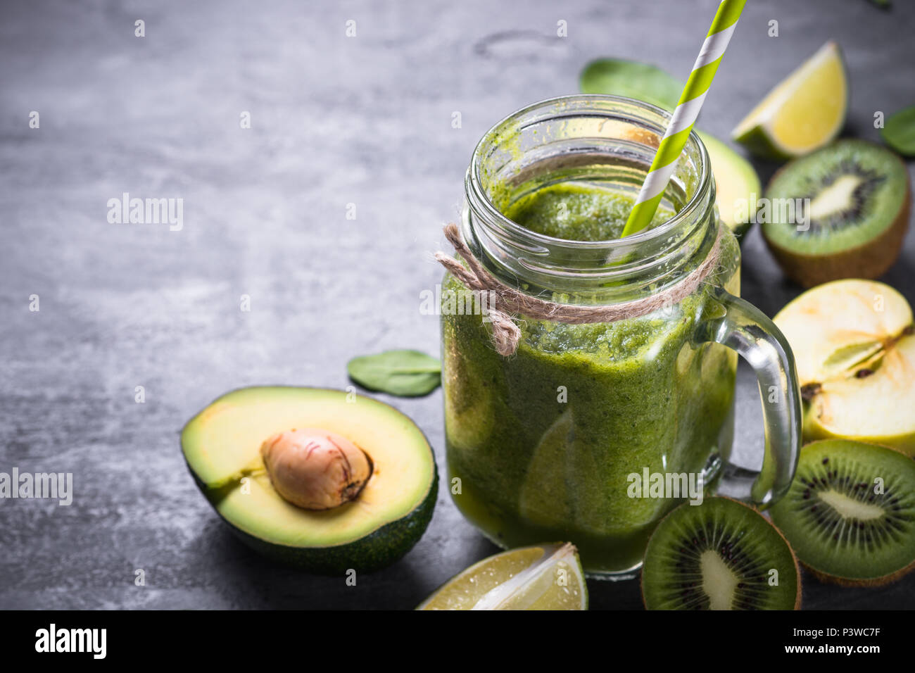 Green smoothie in mason jar and ingredients. Healthy food, Superfoods ...