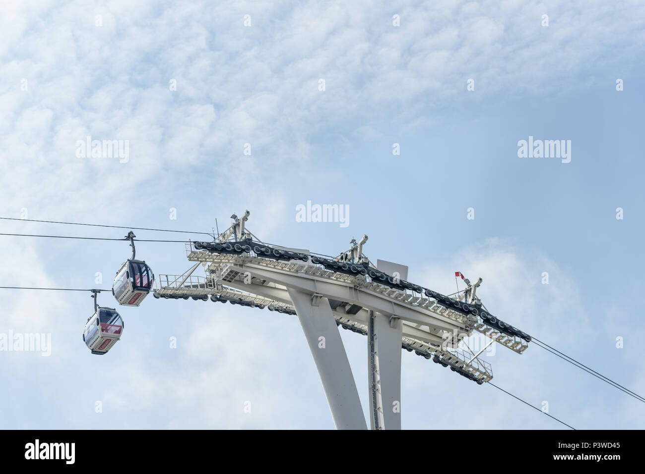 Two gondolas pass each other on the Emirates air line cable car across ...