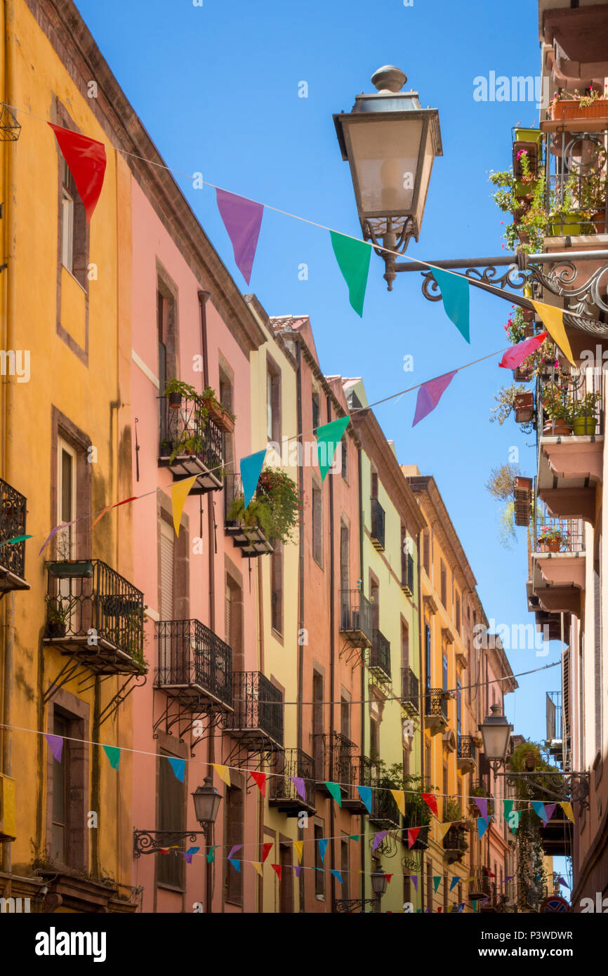 Colorful garland decoration in the old town of Bosa on the Italian ...