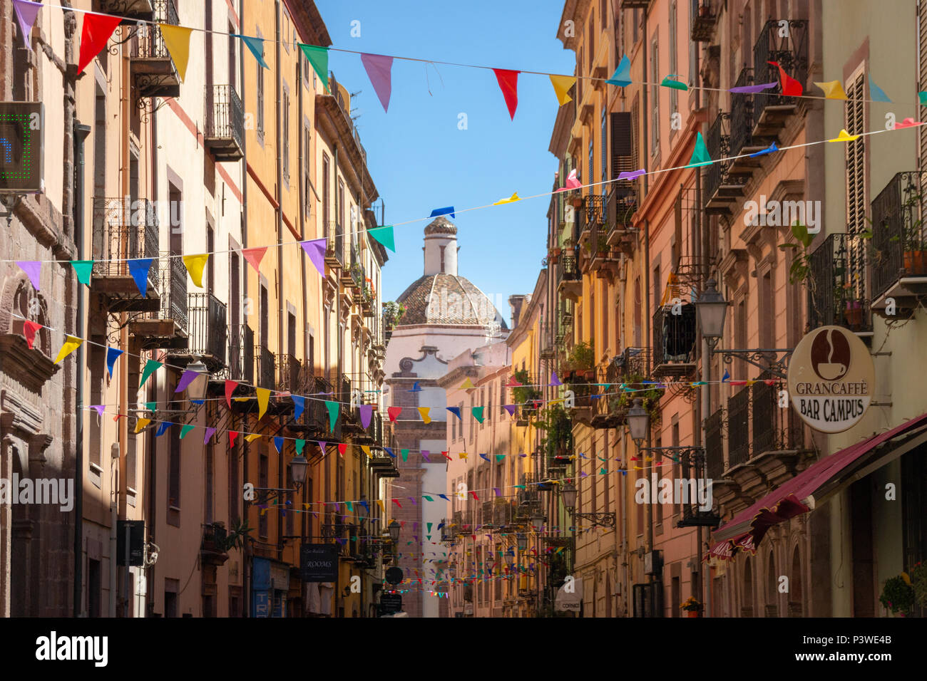 Colorful garland decoration in the old town of Bosa on the Italian ...
