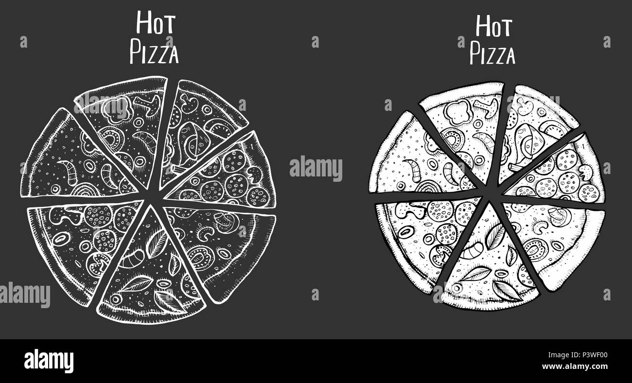 Monochrome Italian Pizza hand drawn illustration. Pizza slices in a ...