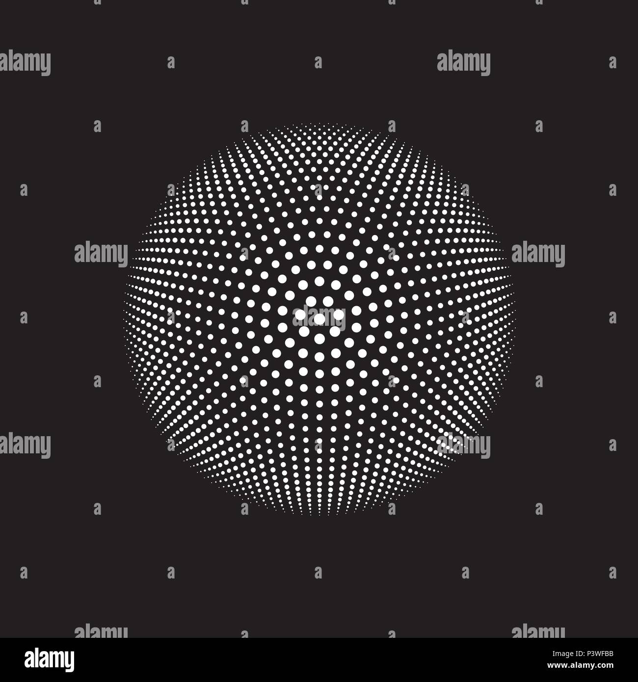 Circular monochrome dot pattern vector with 7 radial axis lines, dots ...