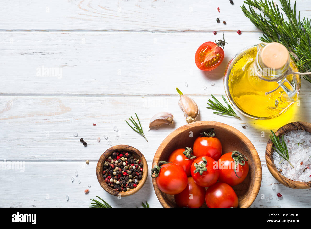Food cooking ingredient. Food background with spices, olive oil and ...