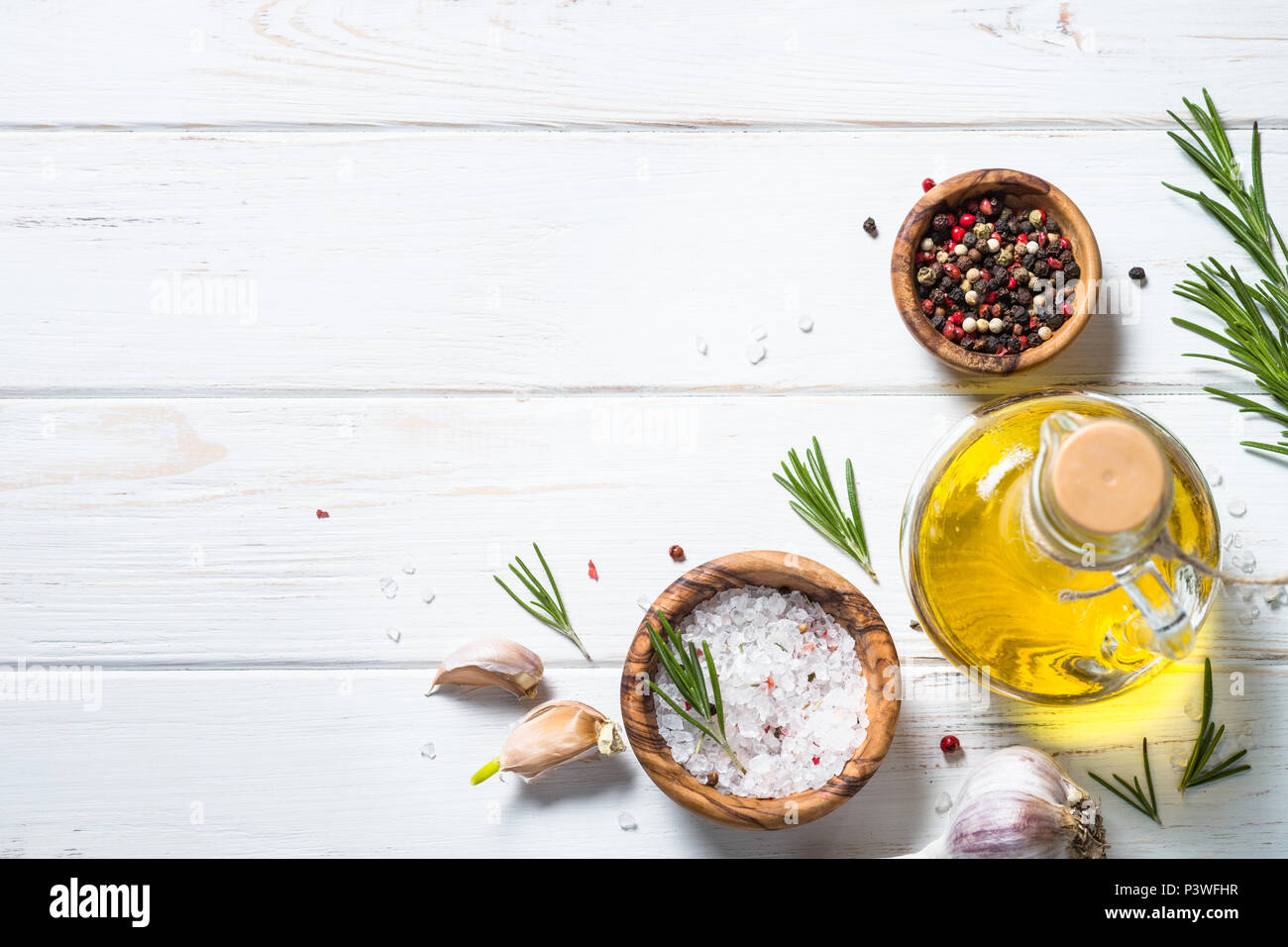 Food cooking ingredient. Food background on white wooden table. Top ...