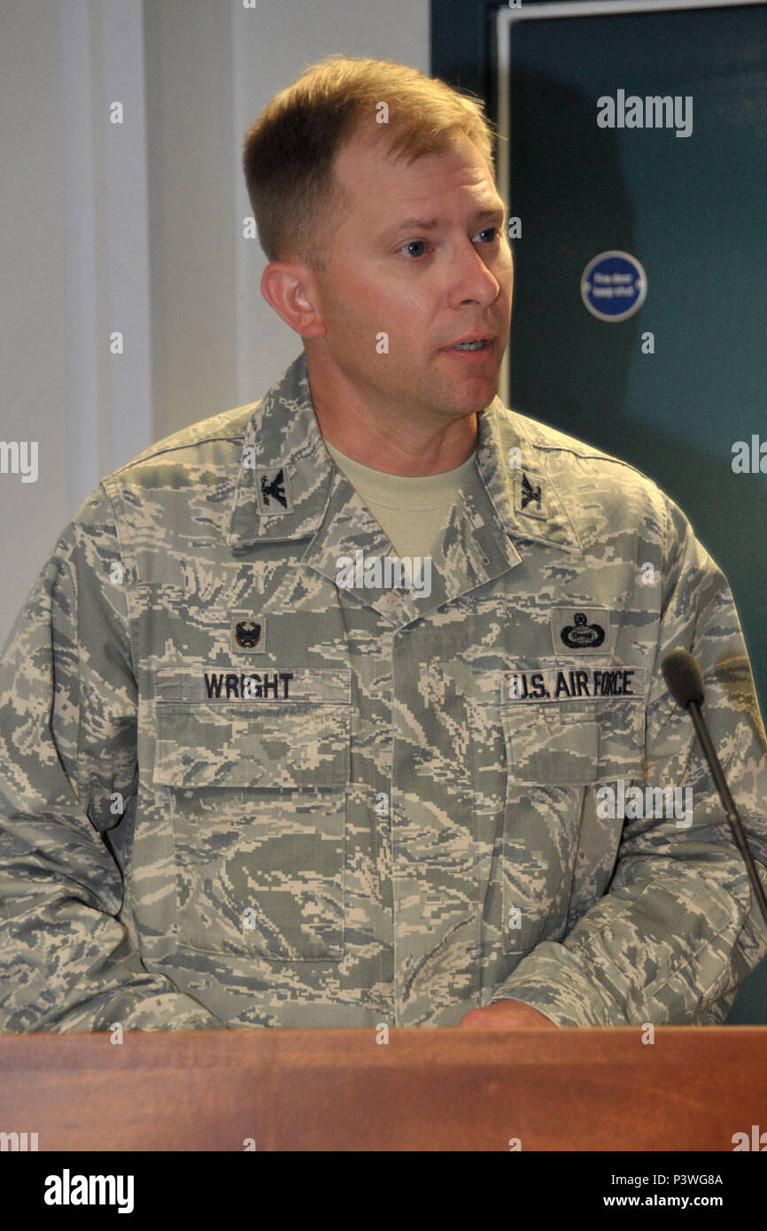 U.S. Air Force Col. Parker Wright addresses the audience after ...