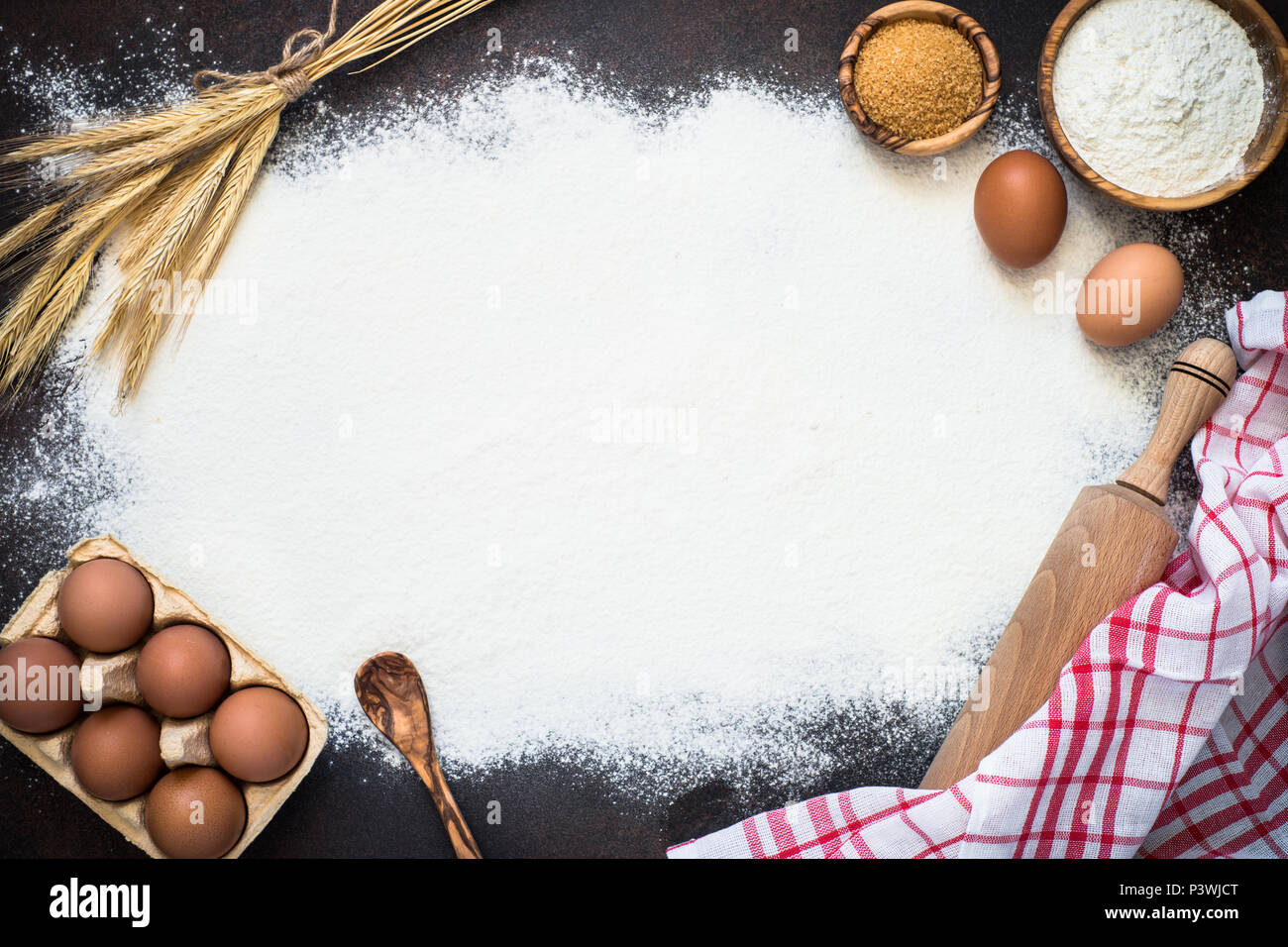 Baking background. Ingredients for cooking baking top view on dark ...