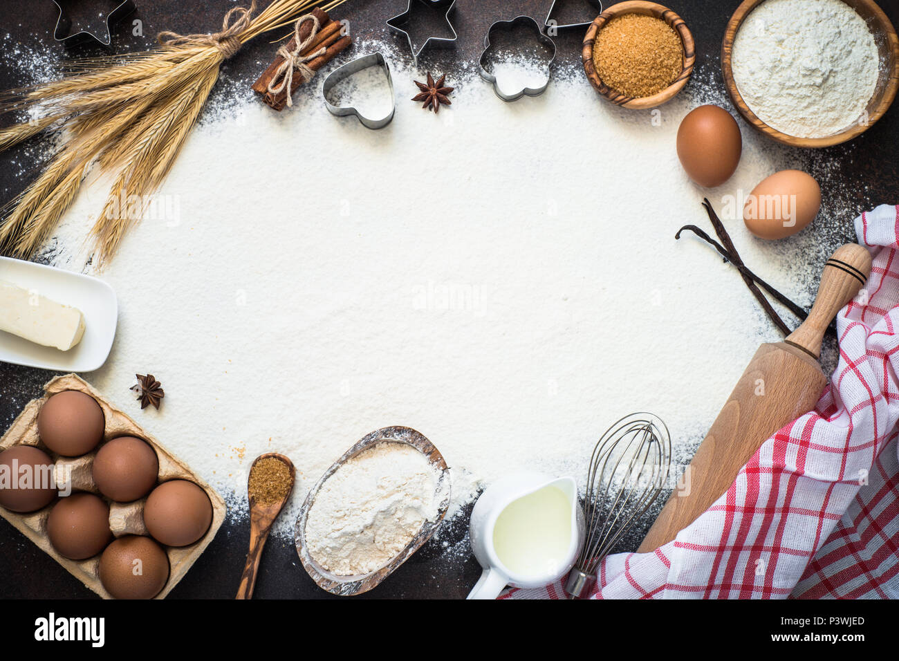 Baking background. Ingredients for cooking baking top view on dark ...