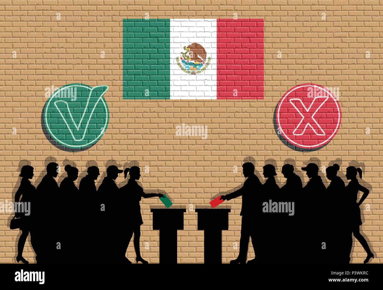 Mexican voters crowd silhouette in election with check marks and Mexico ...