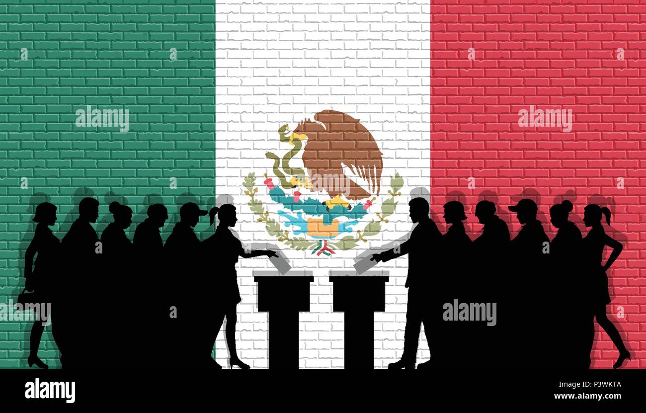 Mexican voters crowd silhouette in election with Mexico flag graffiti ...